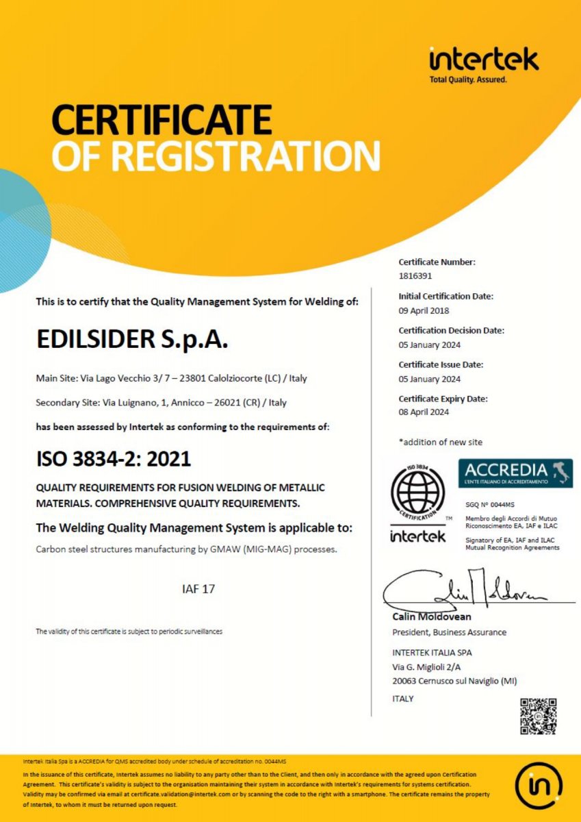 UNI EN ISO 3834-2:2021 - CERTIFICATION - EDILSIDER S.p.A.