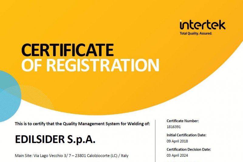 UNI EN ISO 3834-2:2021 - CERTIFICATION - EDILSIDER S.p.A.
