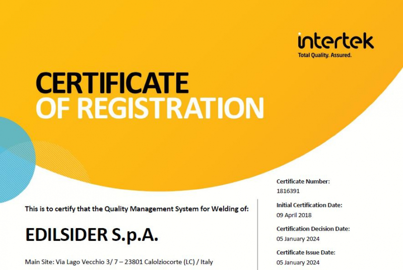 UNI EN ISO 3834-2:2021 - CERTIFICATION - EDILSIDER S.p.A.